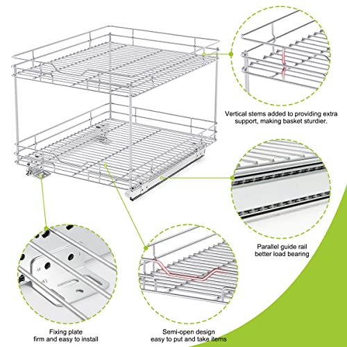 BONADOM 2 Tier Pull Out Cabinet Organizer(21''Dx17''W) Heavy Duty Slide Out Drawers for Kitchen Cabinets Storage Roll Out Shelf Rack Storage for Pots, Pans, PullOut Cupboard Organizer