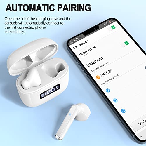 xinwld Wireless Earbuds, Bluetooth 5.3 Headphones with 4 Mics, Wireless Headphones ENC Noise Cancelling Earbuds, Ear Buds Wireless Bluetooth Earbuds,25H Playtime Wireless Earphones, LED Display, White