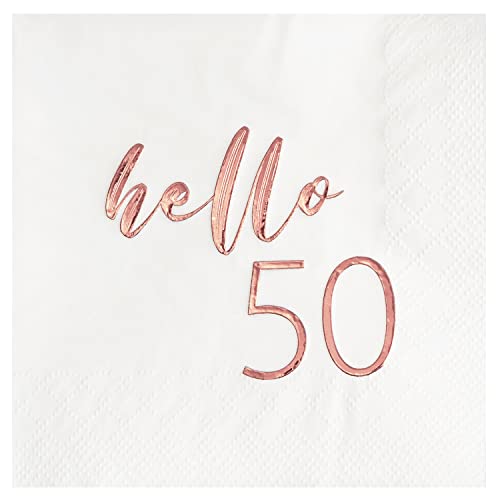 Crisky Rose Gold Hello 50 Cocktail Napkins for Women 50th Birthday Decorations, 3-Ply 50th Birthday Disposable Cake Beverage Dessert Napkins, 50 Pcs