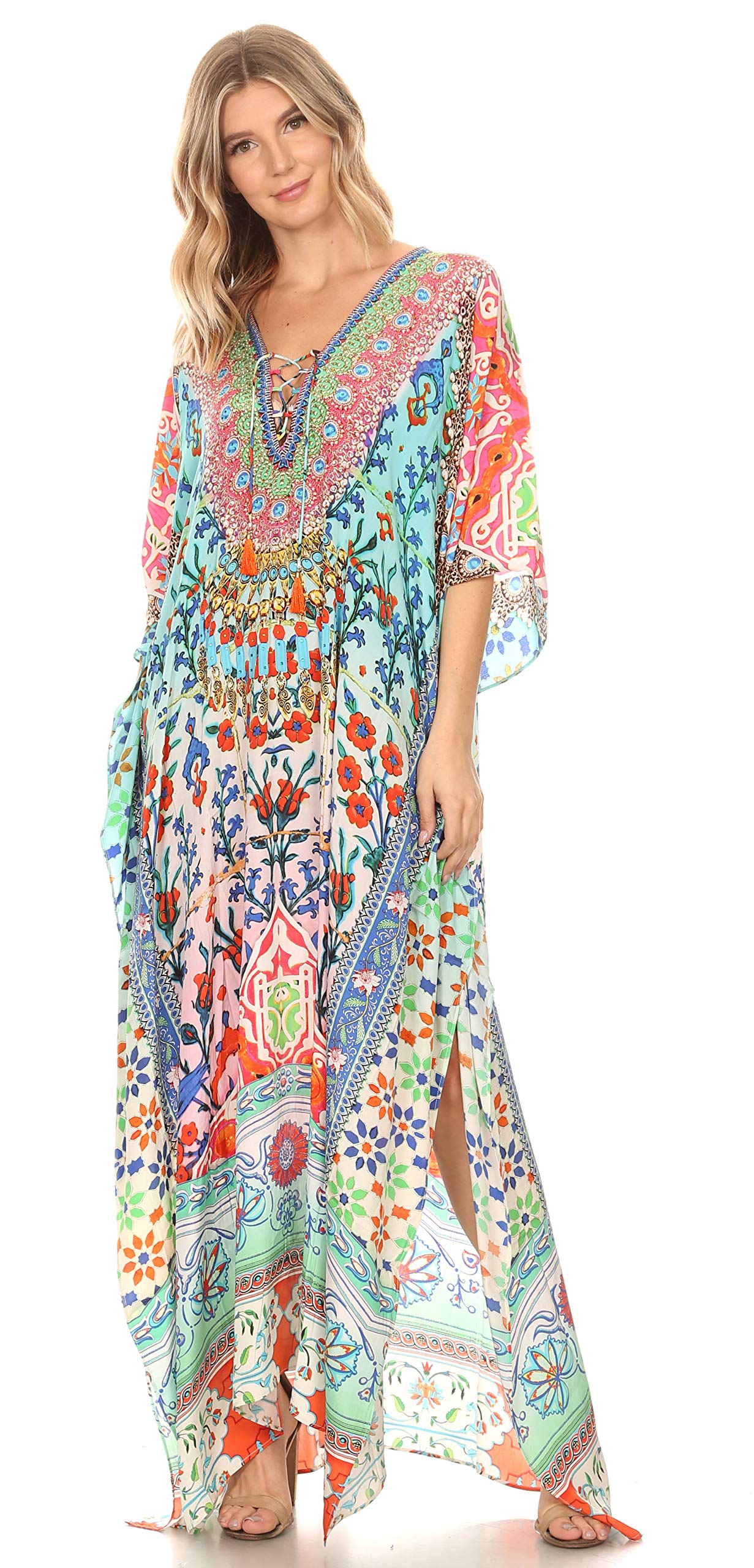 Sakkas P5 - LongKaftan Georgettina Ligthweight Printed Long Caftan Dress/Cover Up - TM208-Multi -OS