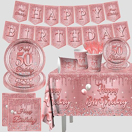 50th Birthday Rose Gold Supplies,142pcs Glitter Pink Rose Gold Tableware Include 50th Birthday Plates and Napkins Cups,Rose Gold Tablecloth Happy Birthday Banner for Women Happy 30th Birthday