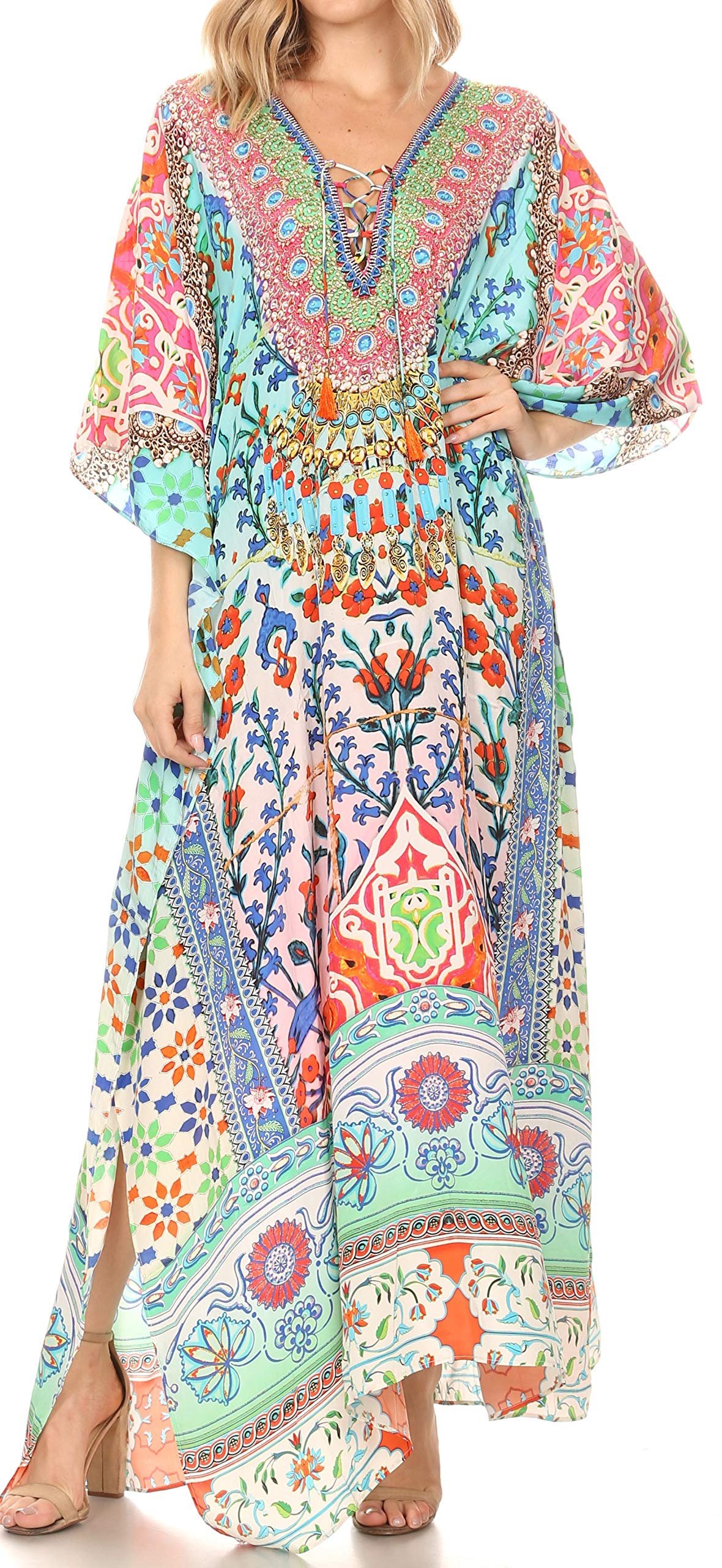 Sakkas P5 - LongKaftan Georgettina Ligthweight Printed Long Caftan Dress/Cover Up - TM208-Multi -OS
