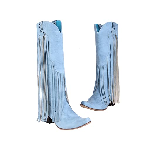 Guldnds Women's Plus Size Winter Chunky Heel Fringe Boots Women's High Heel Boots Tall Boots Ladies Cowboy Boots Light Blue