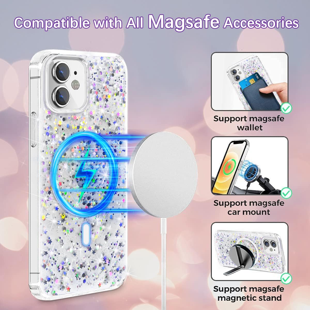KMERUOTR Magnetic Case Compatible with iPhone 12 Mini Case Glitter - Compatible with MagSafe Charger Phone Case for Women Girls, Full-Body Shockproof Protective Case Cover for iPhone 12 Mini 5.4 Inch