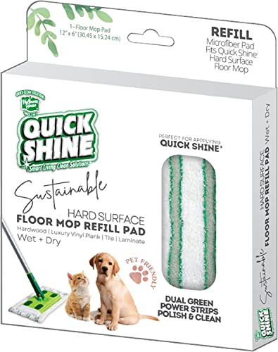 Quick Shine Hardwood Floor Luster 64oz, 2Pk & Hard Surface Floor Mop Refill Pad 12" Wx6 Dx1/2 H | Washable & Reusable | Scoops, Lifts & Traps Dirt & Debris