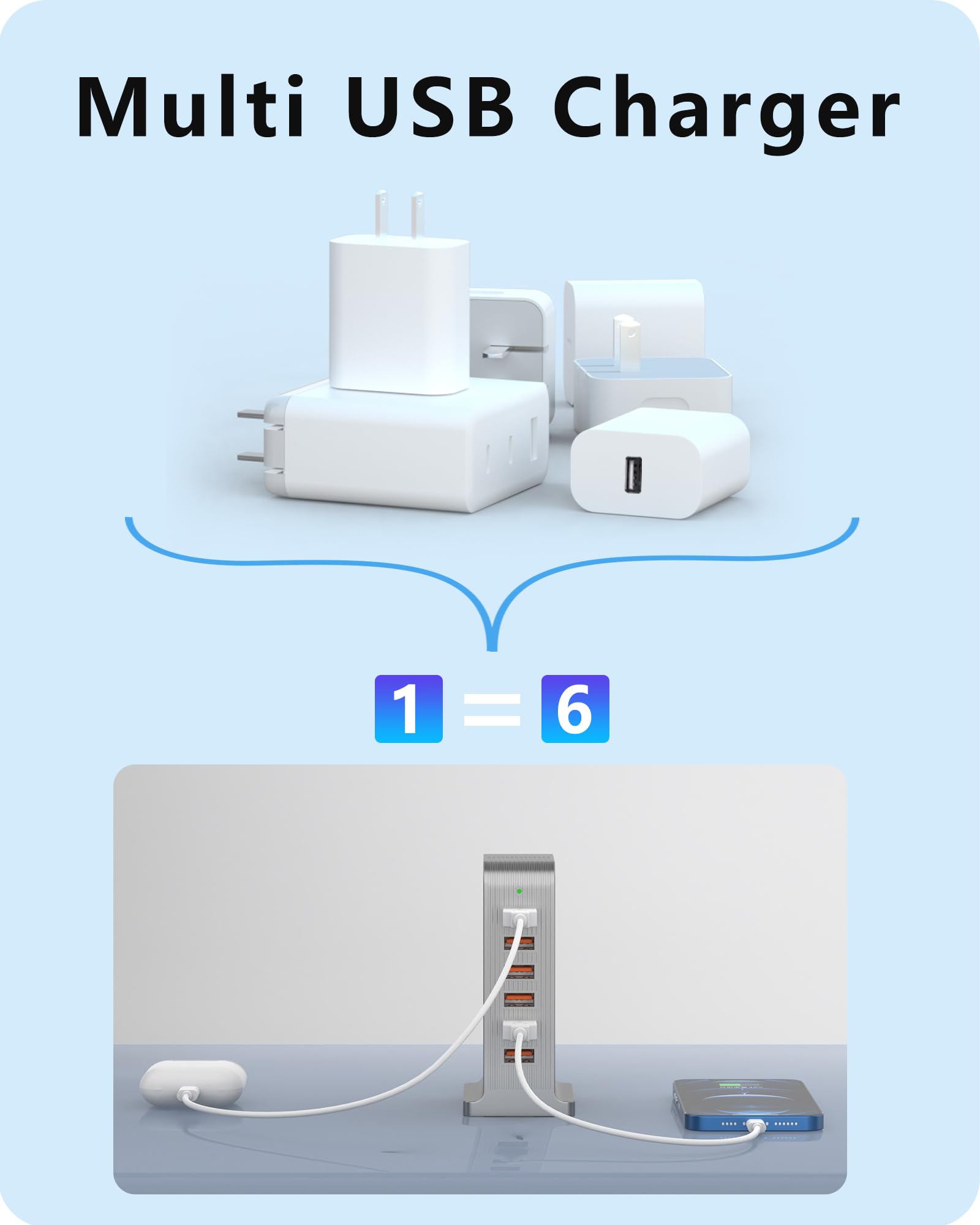 VPSUN USB Charger 6 Port 50W Multi USB Tower Charging Station for Multiple Devices iPhone 15/14/14 Pro/14 Pro Max/13 Pro/13 Pro Max/Android/Samsung/Tablet,etc (Gray, 50W)