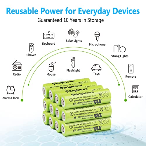 Brightown 12-Pack Rechargeable AA Batteries, 2400mAh High Capacity Precharged NiMH Double A Rechargeable Batteries for Solar Lights Household Devices, Recharge up to 1200 Cycles, UL Certified, 1.2V