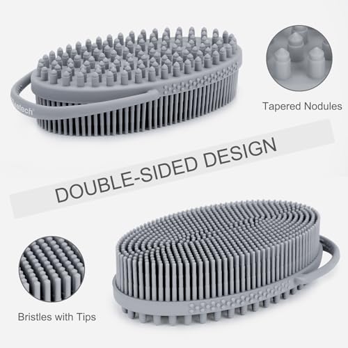 FREATECH Silicone Body Scrubber with Loop Handle, 2-Pack Gentle Exfoliating Body Cleansing Brush for Use in The Shower or Bath, More Hygienic Than Loofah, Easy to Clean, Long-Lasting, Grey & Pink