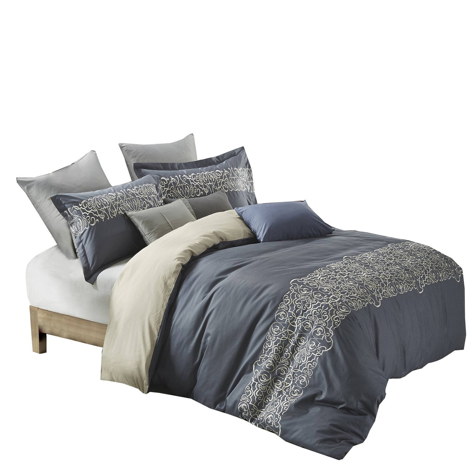 Superior Embroidered Cotton Duvet Cover Set, Soft Bedding Covers, 1 Duvet Cover with Button Closure, 2 Pillow Shams, Greek Key Design, Harrison Collection, Full/Queen, White