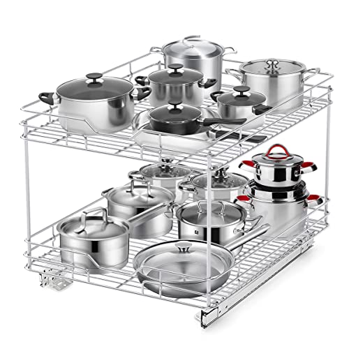 BONADOM 2 Tier Pull Out Cabinet Organizer(21''Dx17''W) Heavy Duty Slide Out Drawers for Kitchen Cabinets Storage Roll Out Shelf Rack Storage for Pots, Pans, PullOut Cupboard Organizer