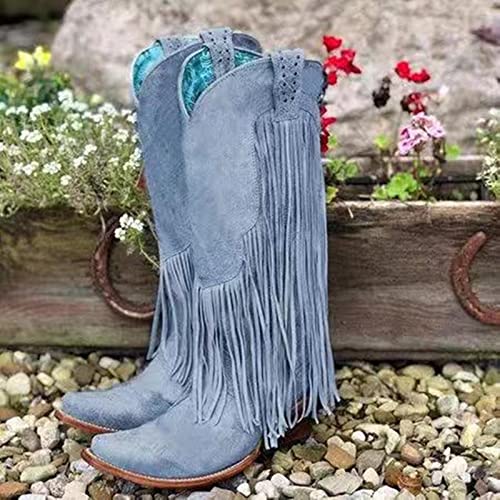 Guldnds Women's Plus Size Winter Chunky Heel Fringe Boots Women's High Heel Boots Tall Boots Ladies Cowboy Boots Light Blue