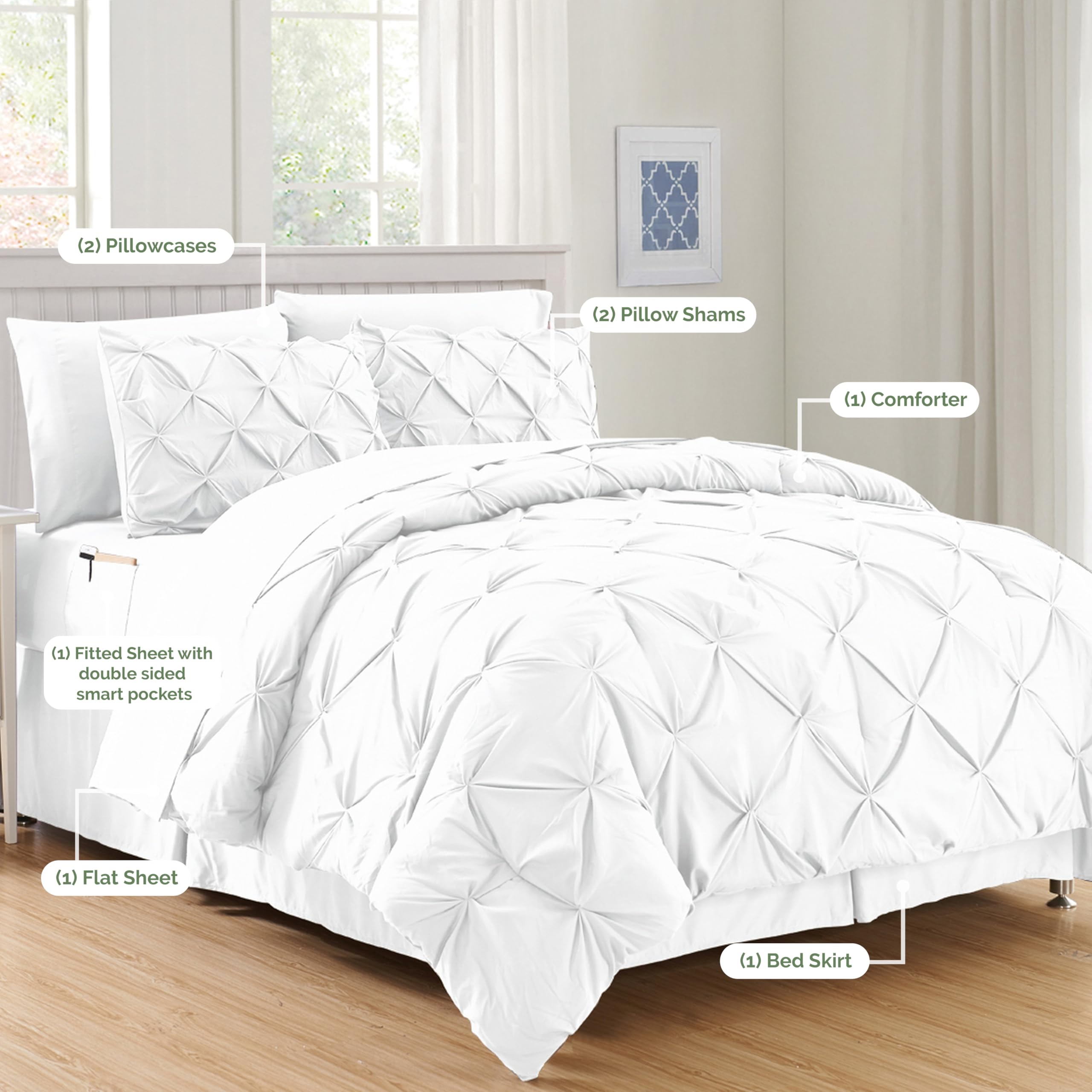 Elegant Comfort 8-Piece Pinch Pleated Comforter Set - All Season Complete Bed in a Bag, Includes 4pc Smart Sheet Set, Bed Skirt, Comforter, Matching Pillowcases and Shams, Full/Queen, White
