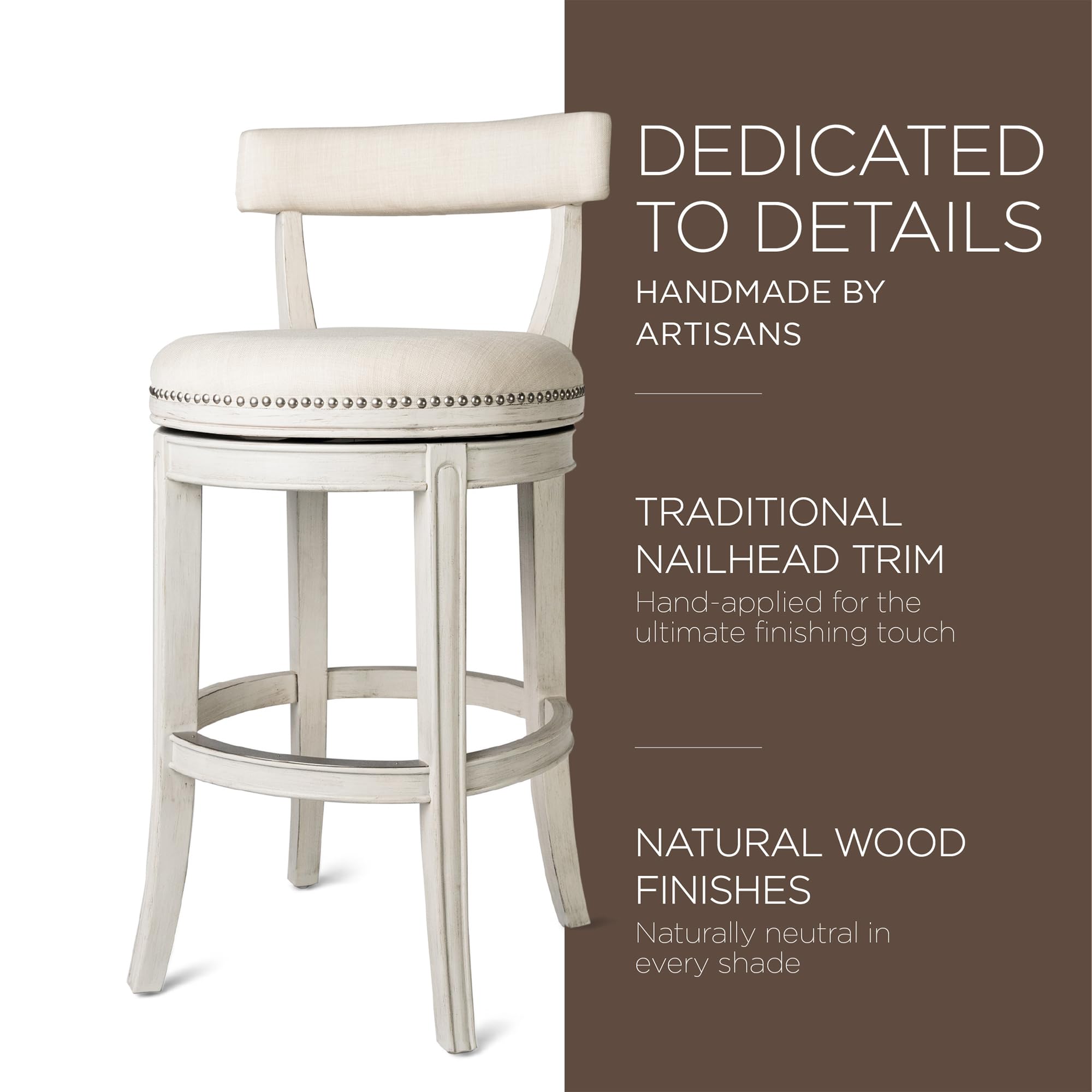 Maven Lane Alexander 31 Inch Tall Bar Height Rotating Low Back Barstool in White Oak Finish with Natural Color Fabric Upholstery Seat