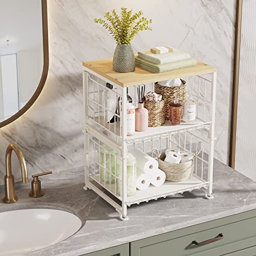 1Easylife Kitchen Counter Basket Wire Basket with Bamboo Top, 2 Tier Detachable Fruit Basket Metal Mesh Bin for Kitchen Organization and Storage, Spice Rack Organizer (White)