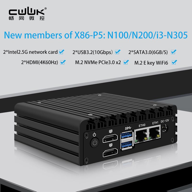 CWWK X86 P5 Fanless Mini PC Firewall Router 12th Gen Intel N100(Up to 3.40GHz) DDR5 4800MHz 2X i226-V 2.5G LAN HDMI2.1 Proxmox Server, No RAM NO SSD