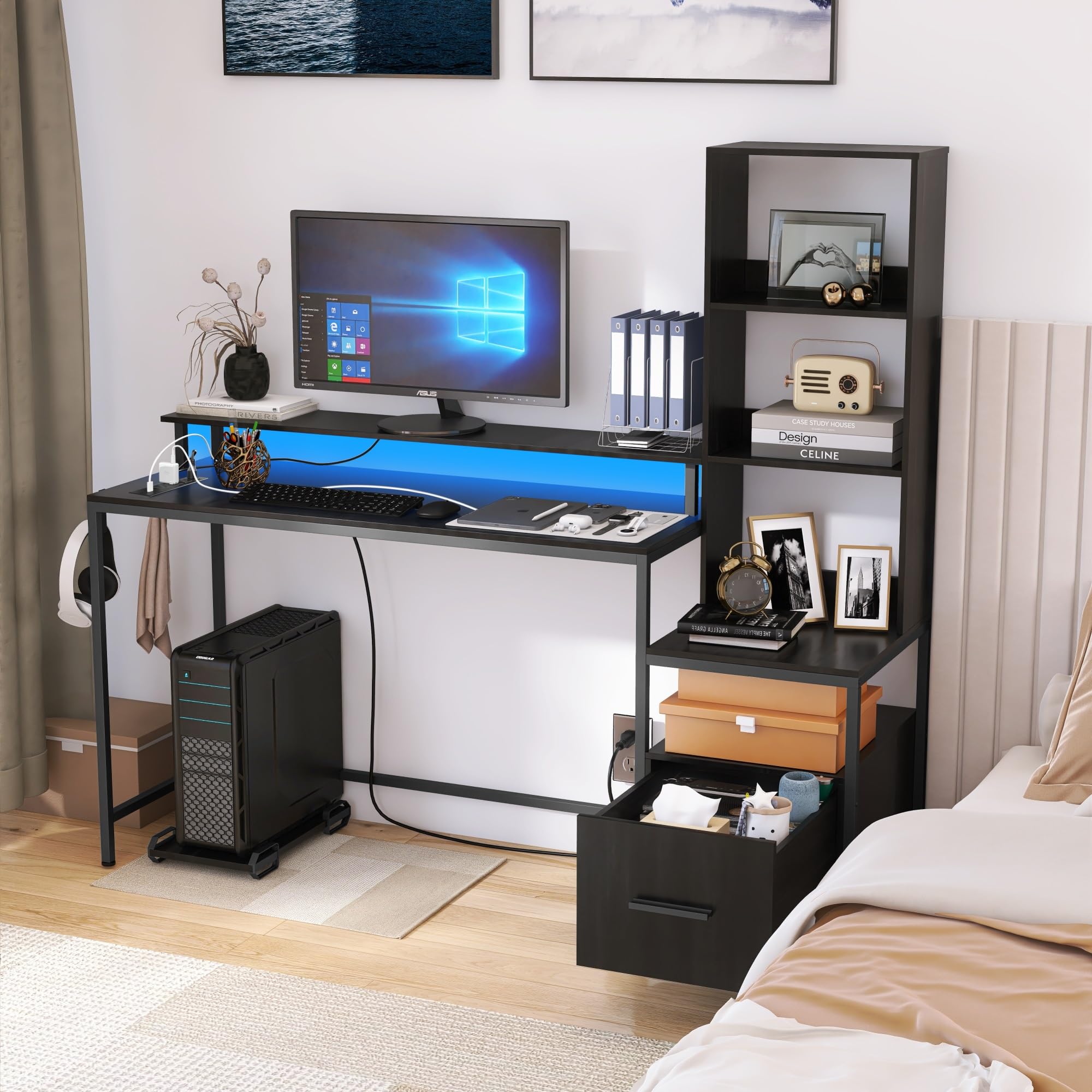 RUPOLX Black Desk with File Drawers, Computer Desk with Power Outlet and Monitor Shelf, Home Office Desk with Storage Shelves, Gaming Desk with Led Lights