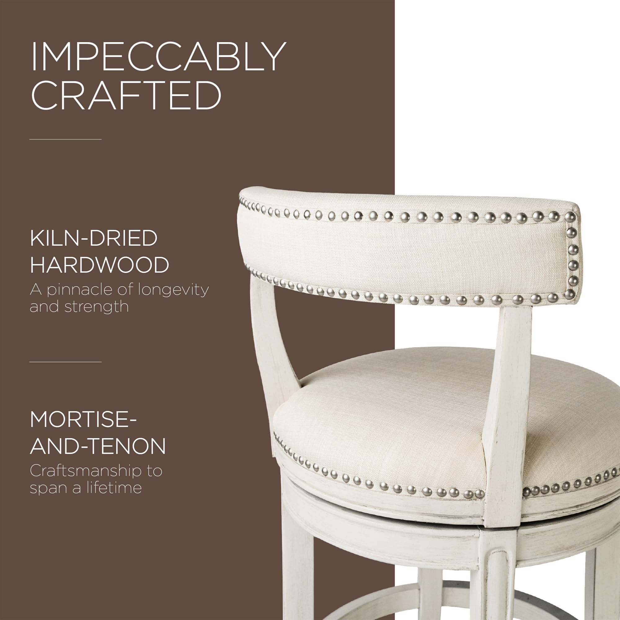 Maven Lane Alexander 31 Inch Tall Bar Height Rotating Low Back Barstool in White Oak Finish with Natural Color Fabric Upholstery Seat