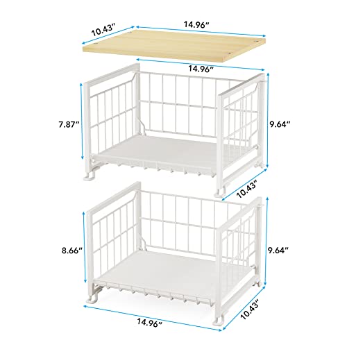 1Easylife Kitchen Counter Basket Wire Basket with Bamboo Top, 2 Tier Detachable Fruit Basket Metal Mesh Bin for Kitchen Organization and Storage, Spice Rack Organizer (White)