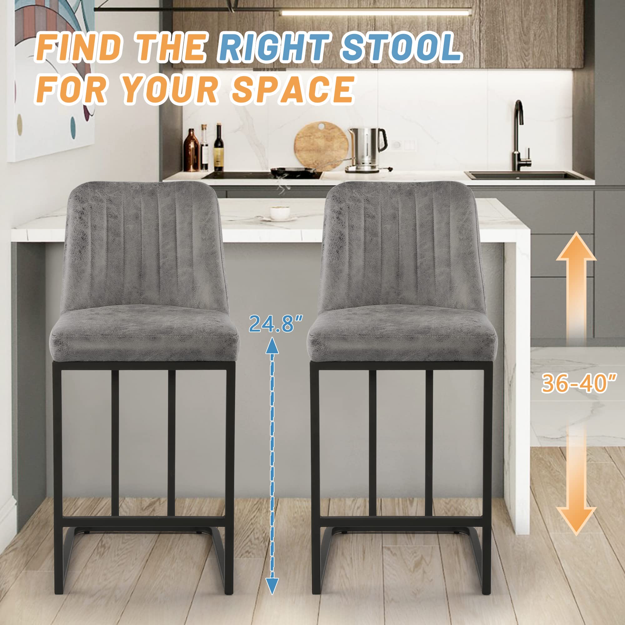 LSSPAID Bar Stools Set of 4, Upholstered Fabric Counter Height Barstools, 24.8 inch Modern Kitchen Island Chairs with Footrest and Black Metal Legs, Grey