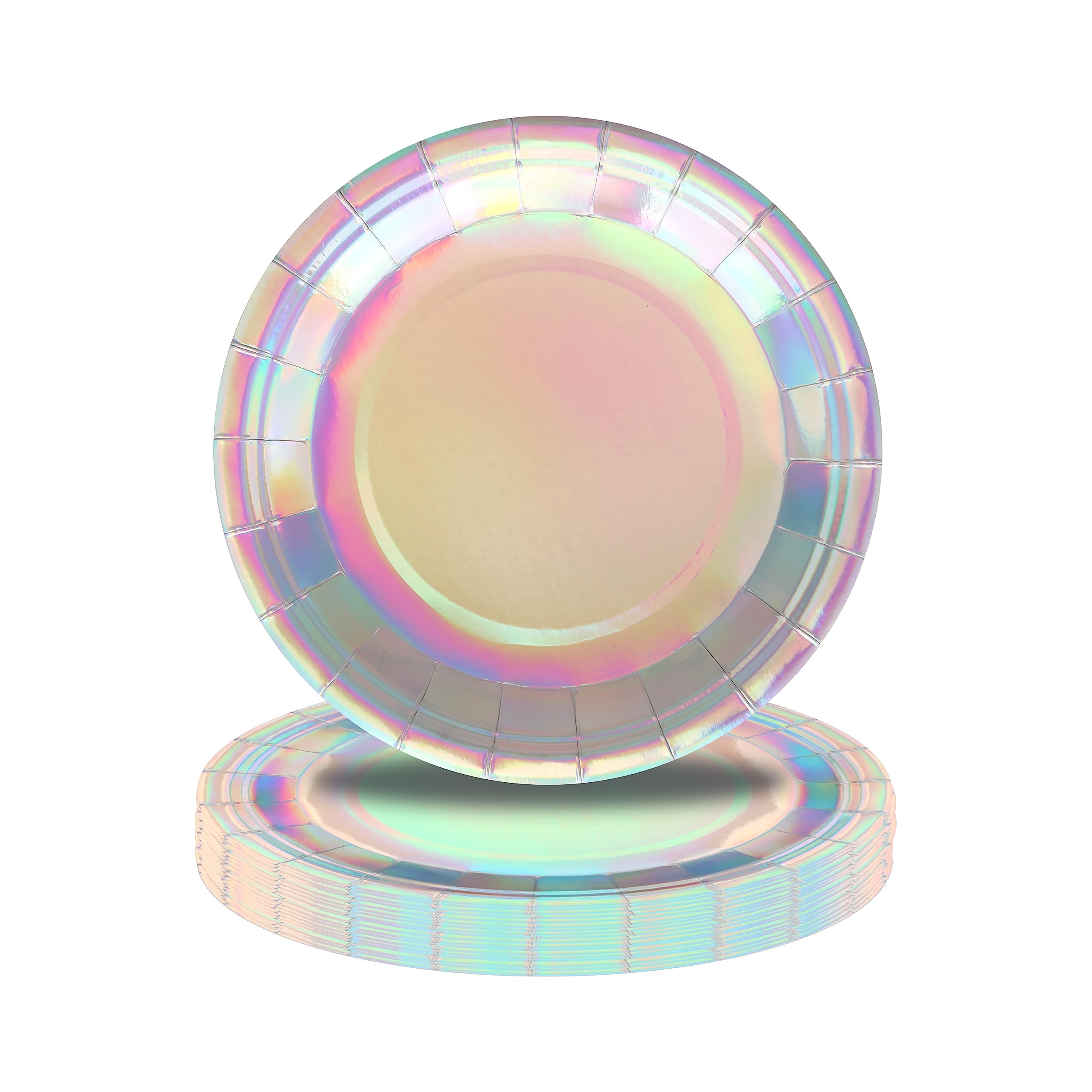 Pandecor 50 Pieces 7 Inches Disposable Paper Plates,Cakes Dessert Salad Pizza Holographic Rainbow Silver Round Plates Birthday Party Decorations Wedding Anniversary Christmas (Holographic)