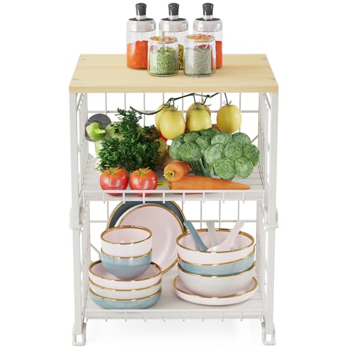 1Easylife Kitchen Counter Basket Wire Basket with Bamboo Top, 2 Tier Detachable Fruit Basket Metal Mesh Bin for Kitchen Organization and Storage, Spice Rack Organizer (White)