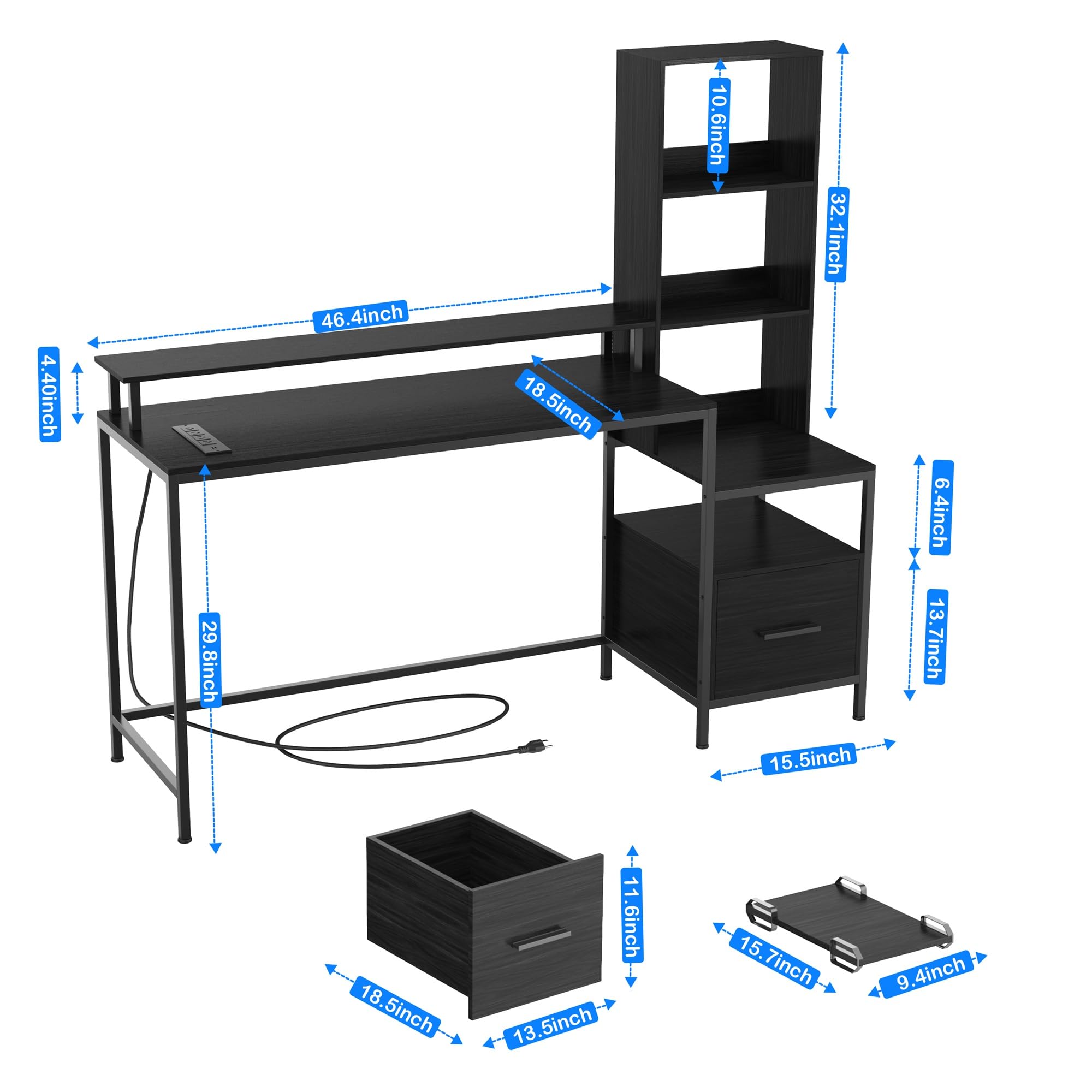 RUPOLX Black Desk with File Drawers, Computer Desk with Power Outlet and Monitor Shelf, Home Office Desk with Storage Shelves, Gaming Desk with Led Lights