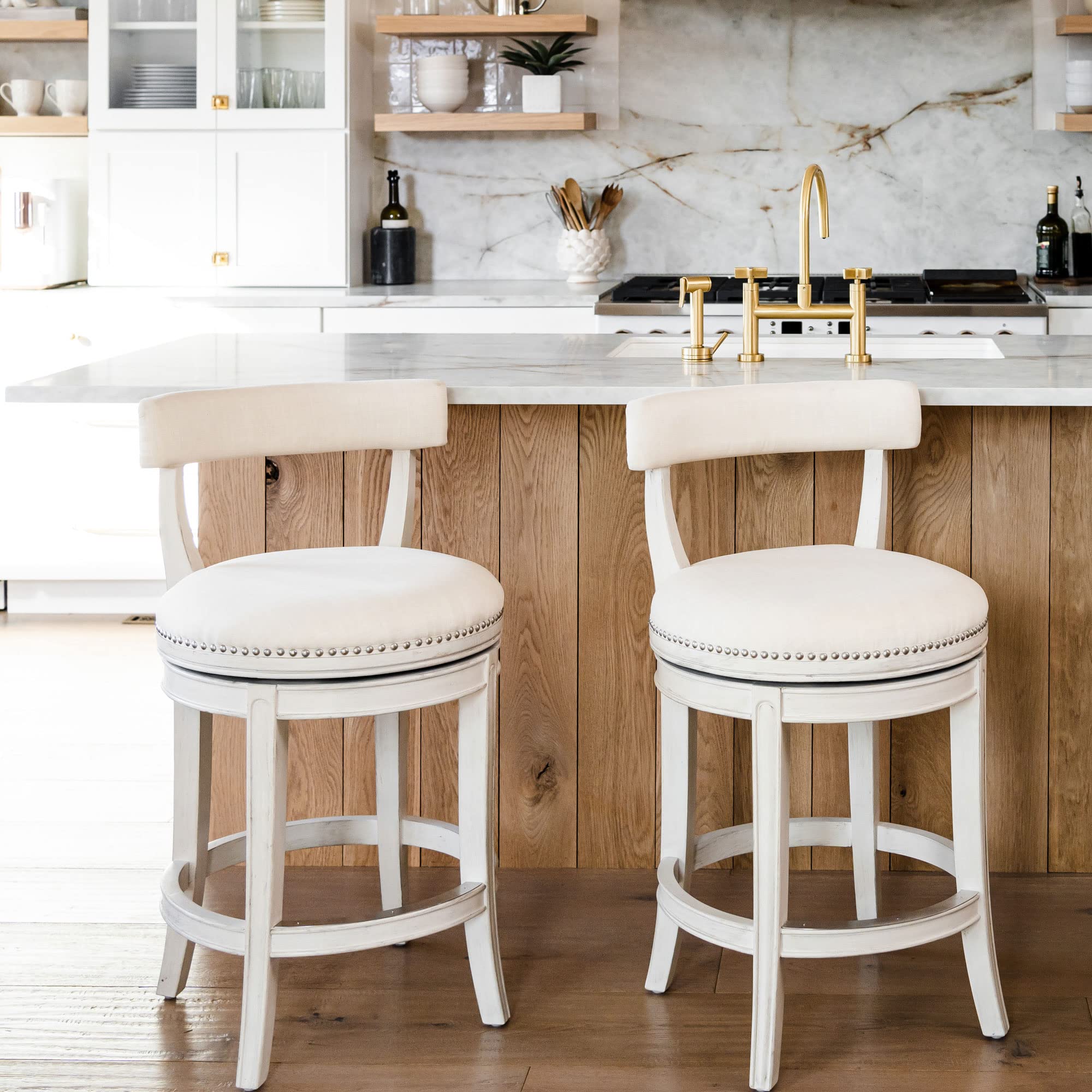Maven Lane Alexander 31 Inch Tall Bar Height Rotating Low Back Barstool in White Oak Finish with Natural Color Fabric Upholstery Seat