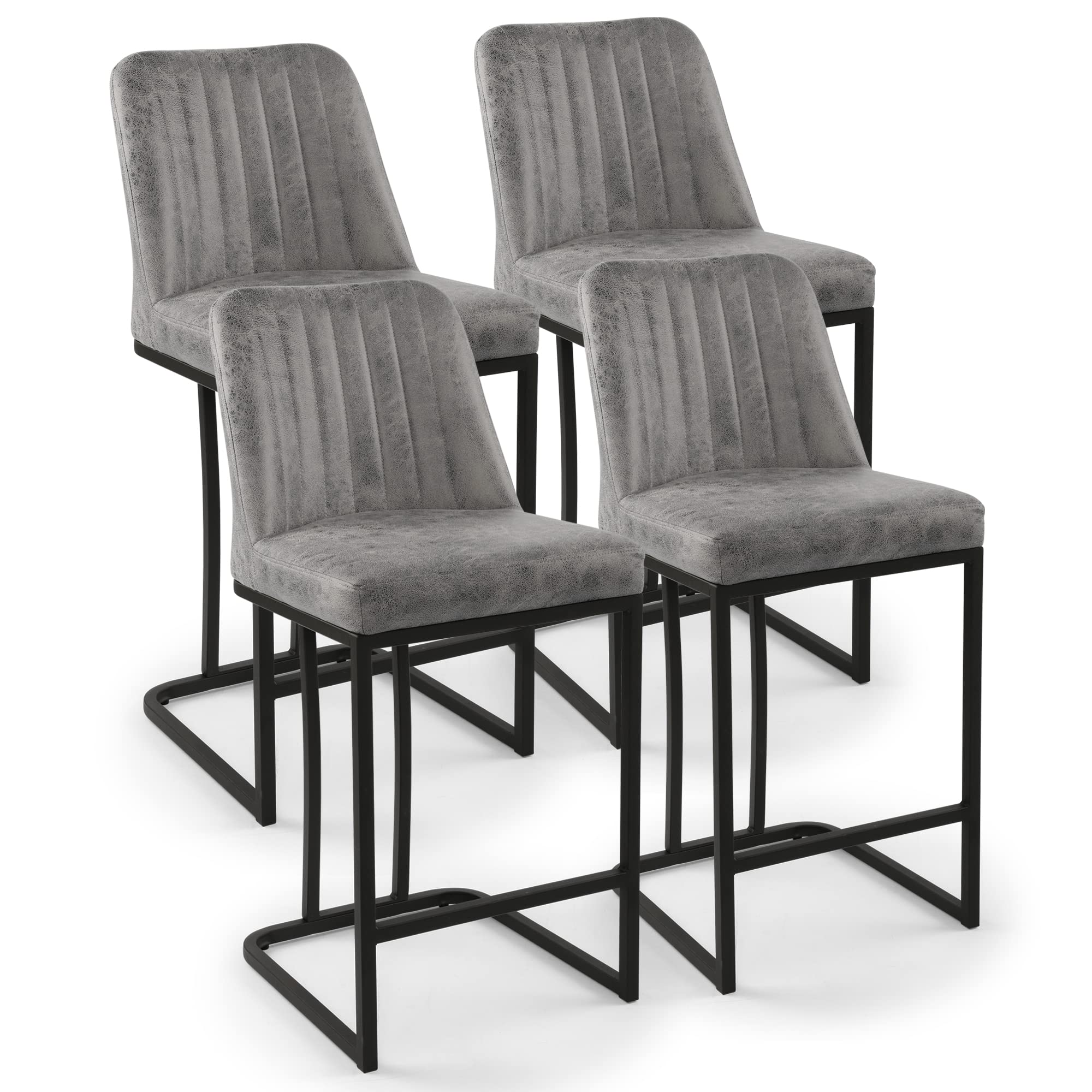 LSSPAID Bar Stools Set of 4, Upholstered Fabric Counter Height Barstools, 24.8 inch Modern Kitchen Island Chairs with Footrest and Black Metal Legs, Grey