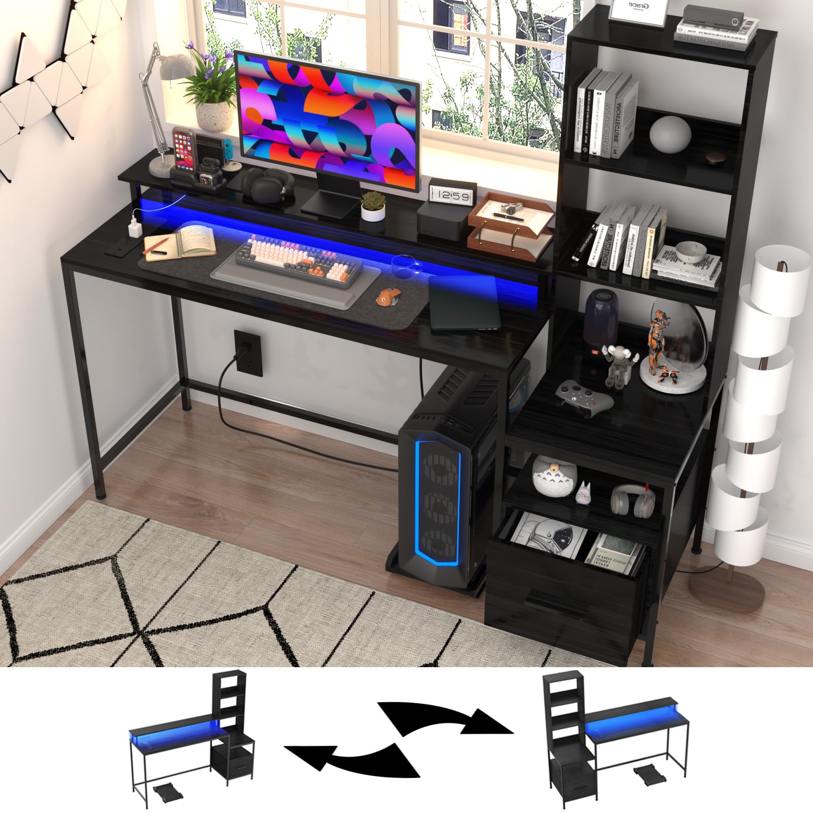 RUPOLX Black Desk with File Drawers, Computer Desk with Power Outlet and Monitor Shelf, Home Office Desk with Storage Shelves, Gaming Desk with Led Lights