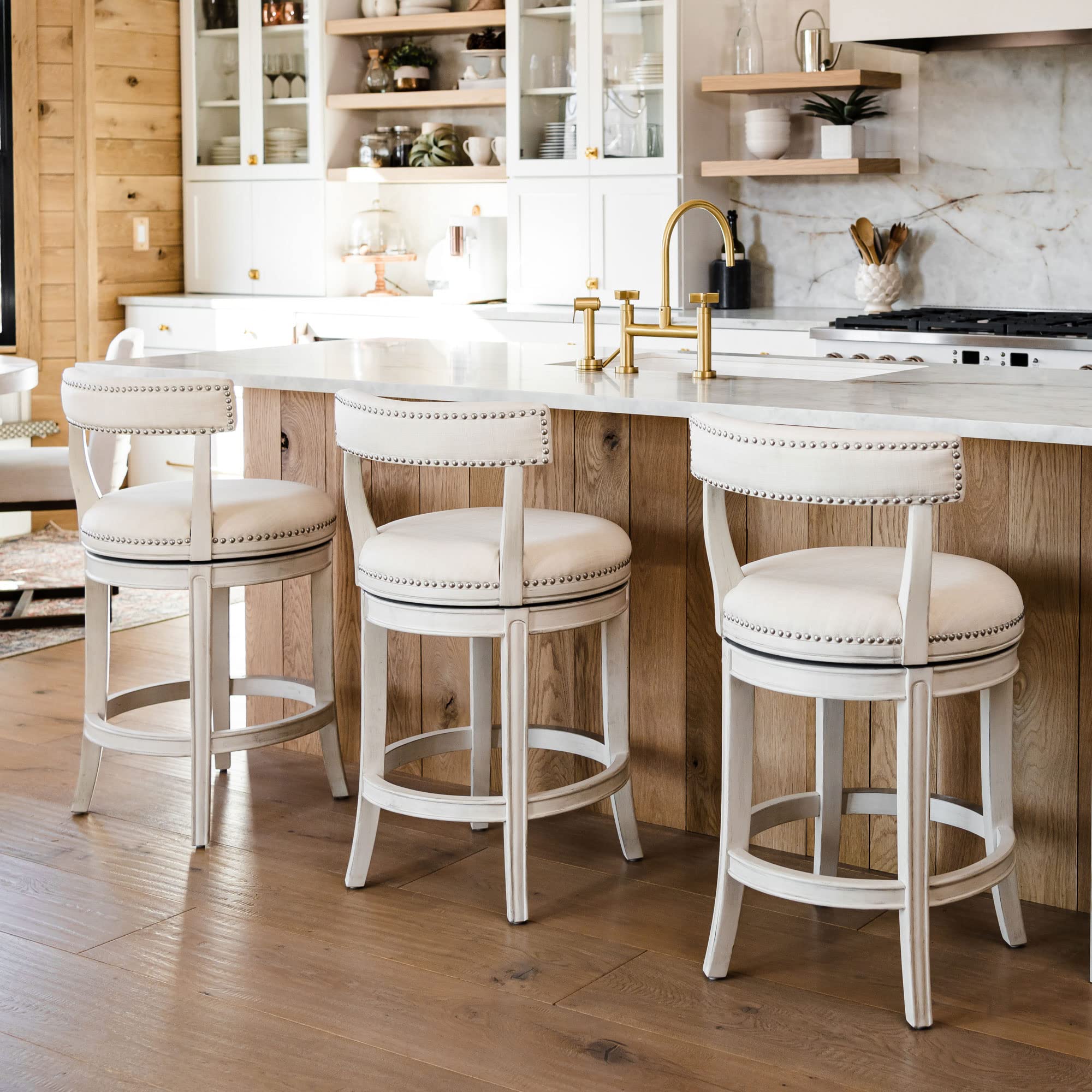 Maven Lane Alexander 31 Inch Tall Bar Height Rotating Low Back Barstool in White Oak Finish with Natural Color Fabric Upholstery Seat