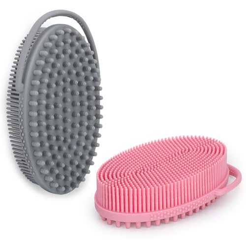 FREATECH Silicone Body Scrubber with Loop Handle, 2-Pack Gentle Exfoliating Body Cleansing Brush for Use in The Shower or Bath, More Hygienic Than Loofah, Easy to Clean, Long-Lasting, Grey & Pink