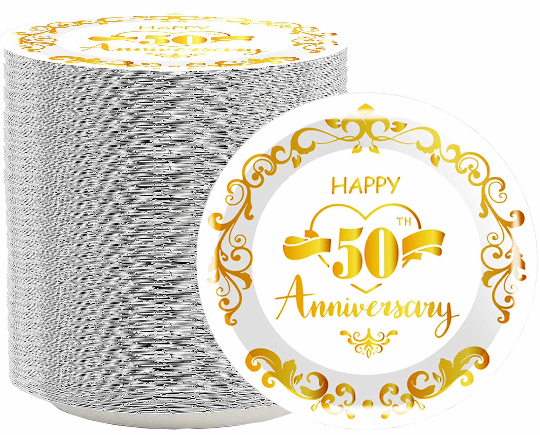 80Pcs 50th Anniversary Paper Plates Golden Wedding Celebration Party Supplies 7"50th Golden Dessert Plates 50 Years Golden Plates,for Fifty Anniversary Party Decoration 50th Brithday Party Decorations
