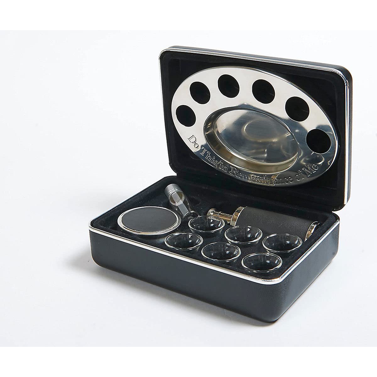 Broadman Church Supplies Legacy Portable Communion Set, 6 Glasses, Stainless Steel Bread Container and Serving Tray, 100ml Juice Container, Anointing Oil Bottle