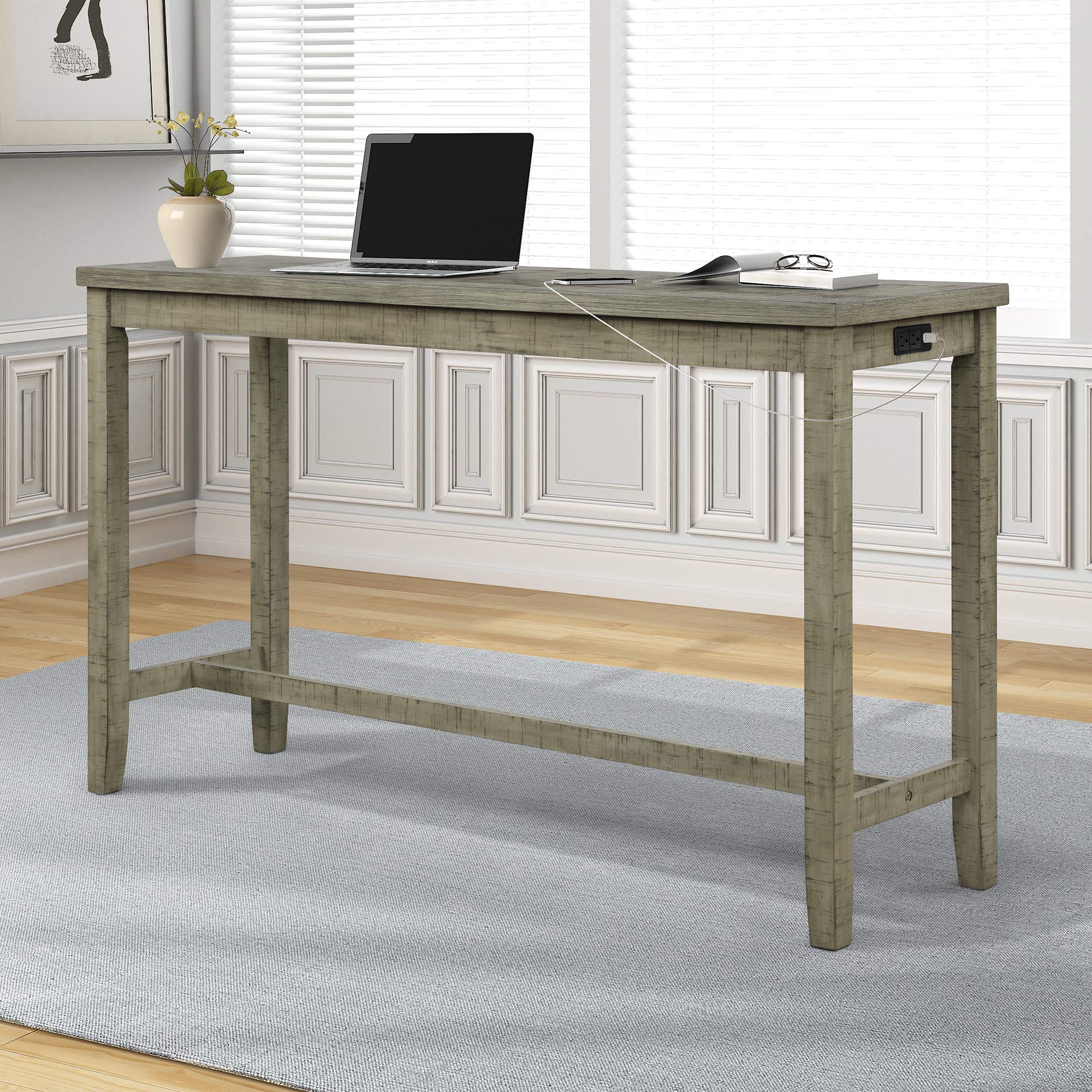 Merax 4-Piece Counter Height Bar Table Set with Socket and Fabric Padded Stools, Rustic Bar Dining Set, Gray Green