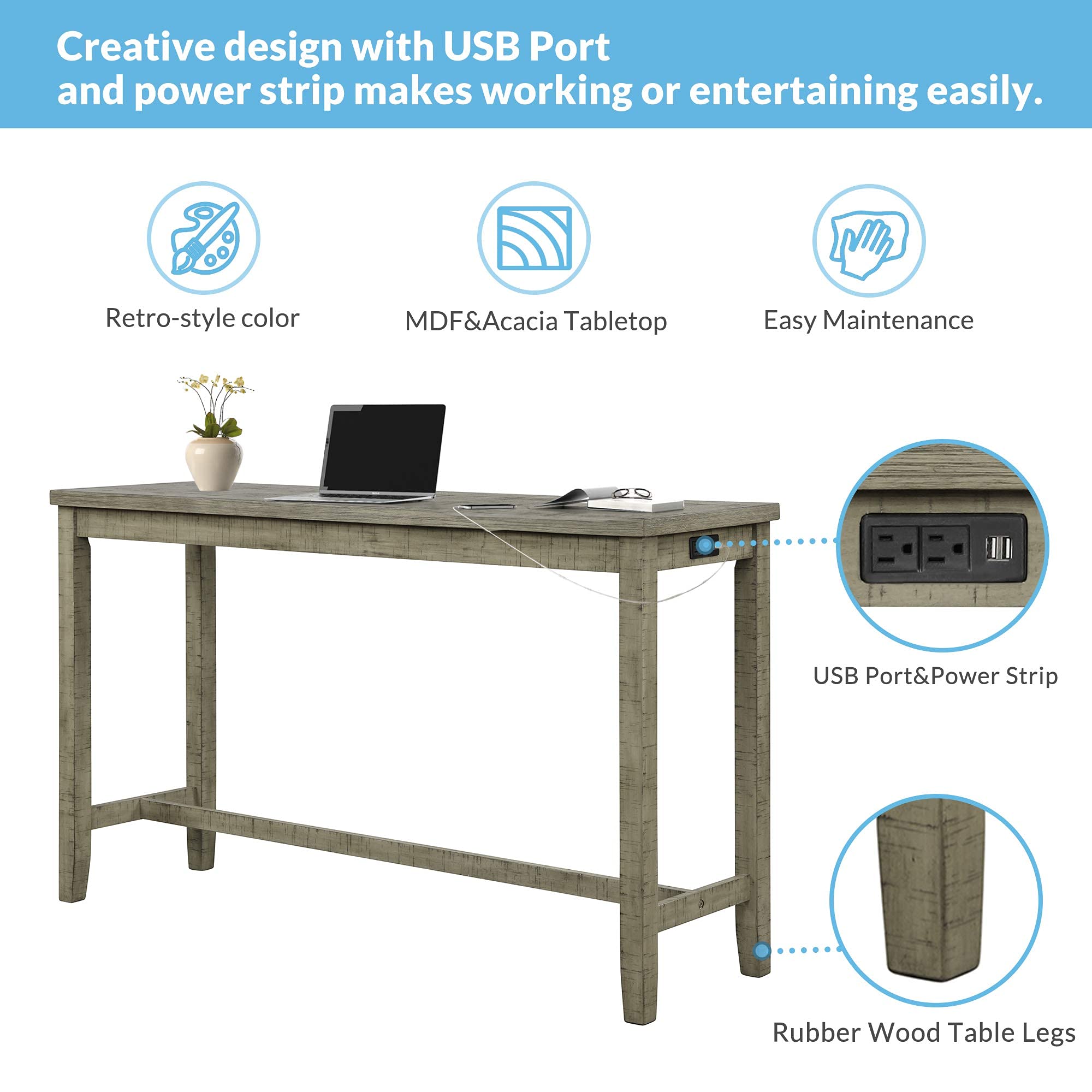 Merax 4-Piece Counter Height Bar Table Set with Socket and Fabric Padded Stools, Rustic Bar Dining Set, Gray Green