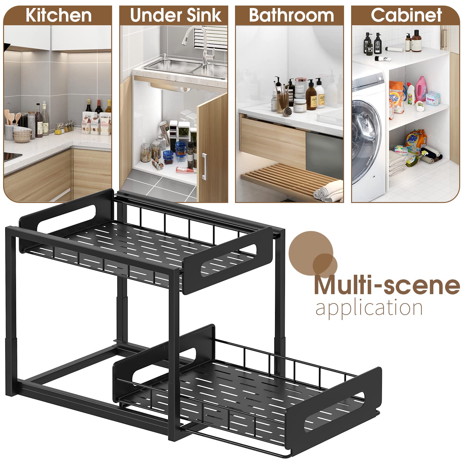 SHCAPENM Under Sink Organizers and Storage, 2 Tiers Bathroom Under Sink Organizers with Sliding Drawer Under Cabinet Basket Organizer Black for Bathroom Kitchen Countertop