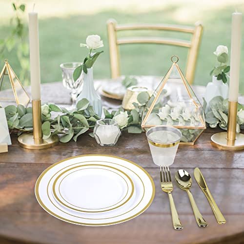 600 Piece Wedding Party Plates Disposable Dinnerware Set 100 Guests -By Zulzzy -100 Gold Plastic Plates, 100 Gold Salad Plates, 100 Gold Plastic Silverware Set, 100 Gold Plastic Cups