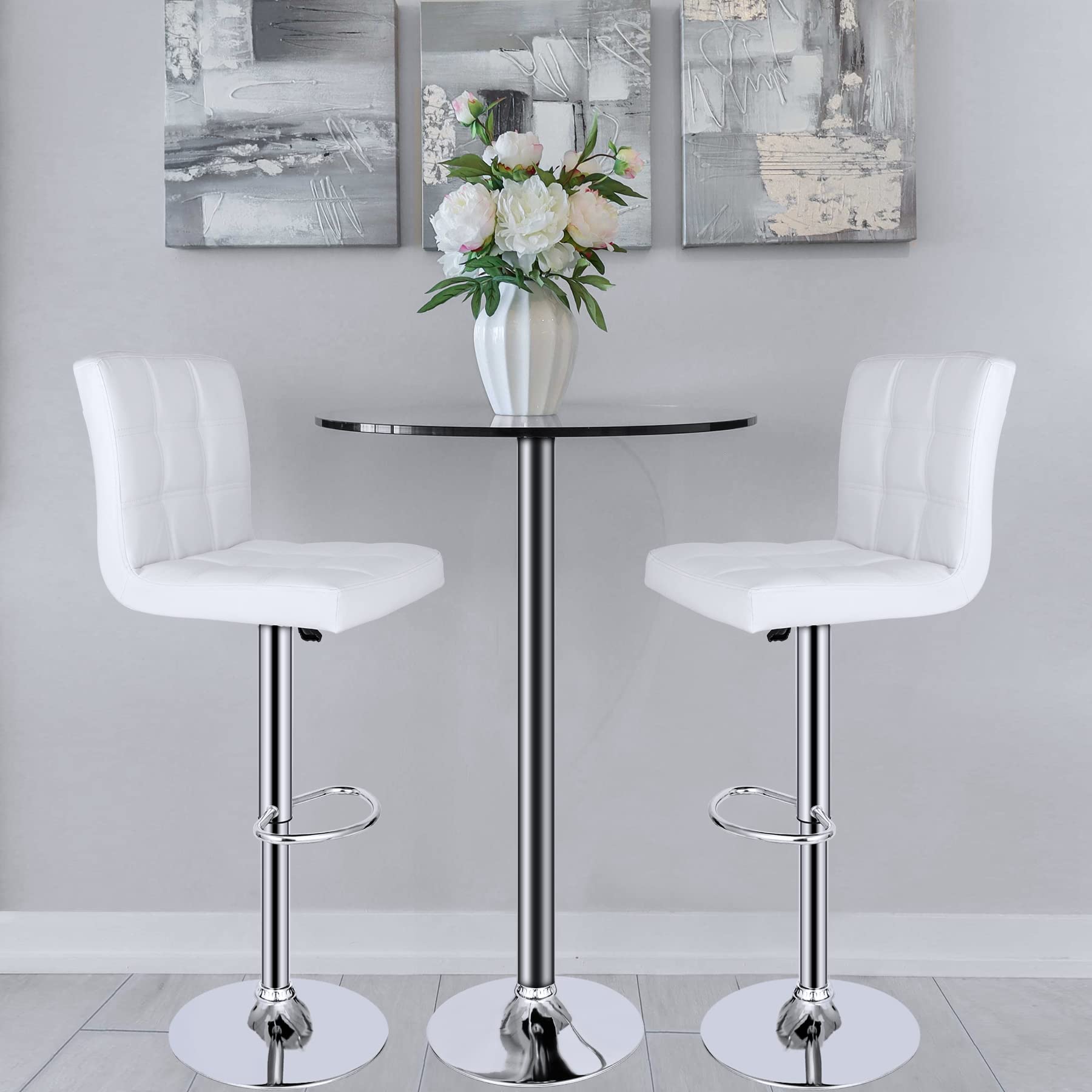 SUPER DEAL Set of 2 Bar Stools for Kitchen, Modern PU Leather Swivel Adjustable Counter Height Swivel Stool with Square Back (2, White)