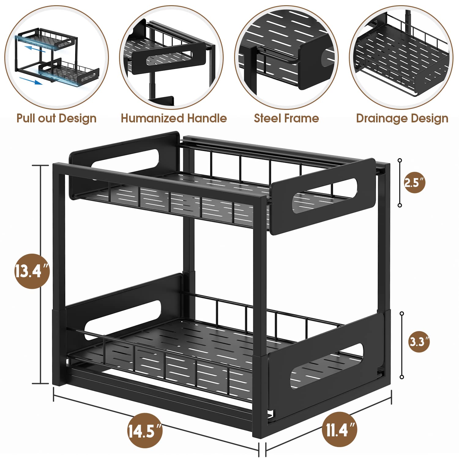 SHCAPENM Under Sink Organizers and Storage, 2 Tiers Bathroom Under Sink Organizers with Sliding Drawer Under Cabinet Basket Organizer Black for Bathroom Kitchen Countertop