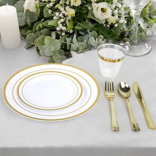 600 Piece Wedding Party Plates Disposable Dinnerware Set 100 Guests -By Zulzzy -100 Gold Plastic Plates, 100 Gold Salad Plates, 100 Gold Plastic Silverware Set, 100 Gold Plastic Cups