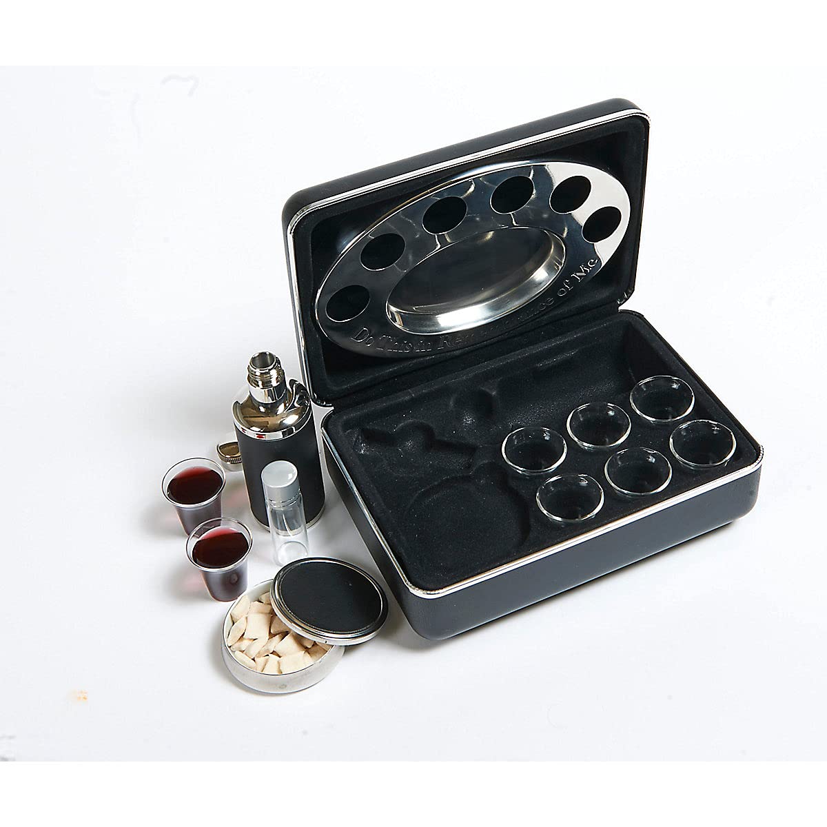 Broadman Church Supplies Legacy Portable Communion Set, 6 Glasses, Stainless Steel Bread Container and Serving Tray, 100ml Juice Container, Anointing Oil Bottle