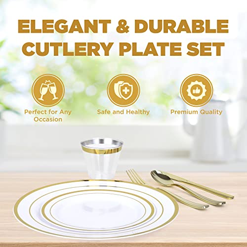 600 Piece Wedding Party Plates Disposable Dinnerware Set 100 Guests -By Zulzzy -100 Gold Plastic Plates, 100 Gold Salad Plates, 100 Gold Plastic Silverware Set, 100 Gold Plastic Cups