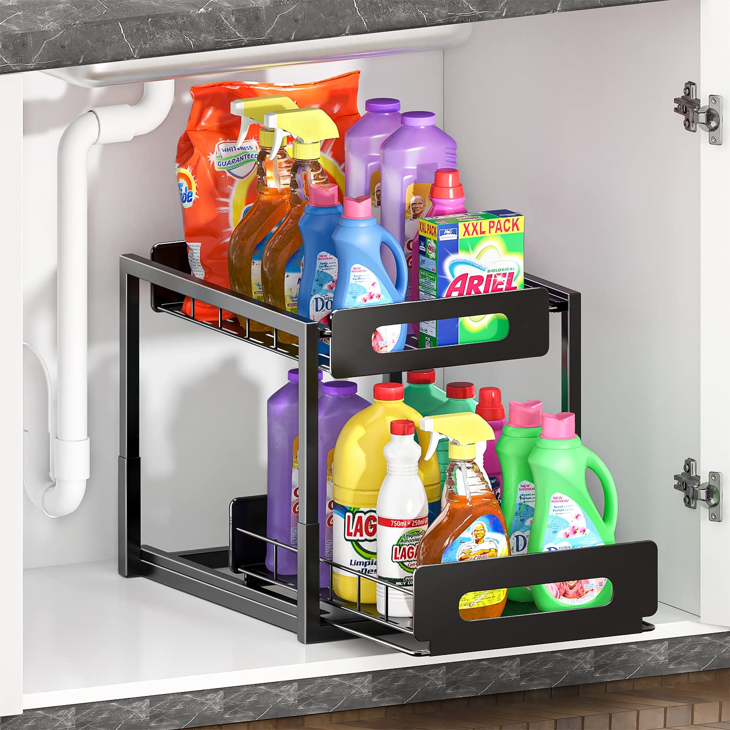 SHCAPENM Under Sink Organizers and Storage, 2 Tiers Bathroom Under Sink Organizers with Sliding Drawer Under Cabinet Basket Organizer Black for Bathroom Kitchen Countertop