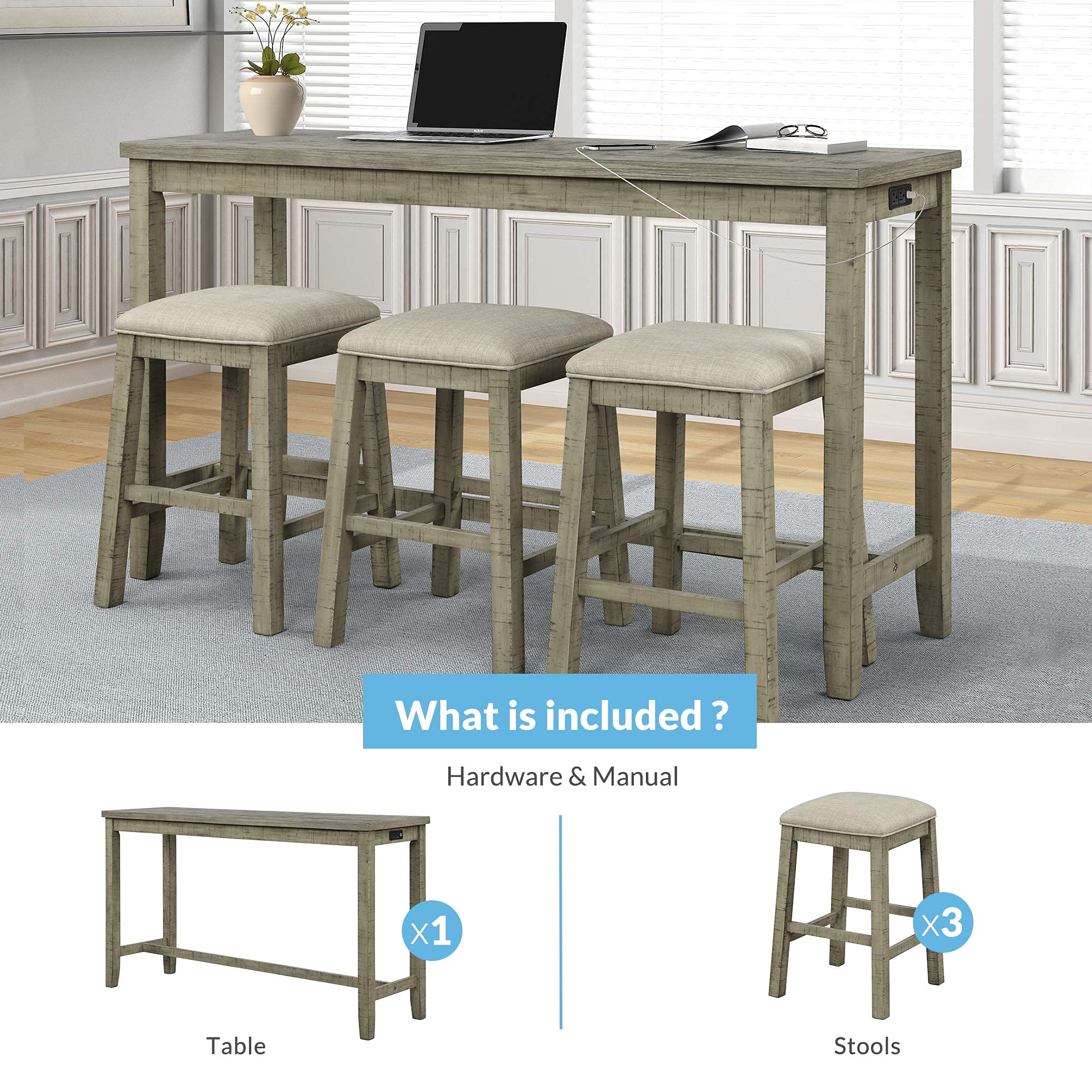 Merax 4-Piece Counter Height Bar Table Set with Socket and Fabric Padded Stools, Rustic Bar Dining Set, Gray Green