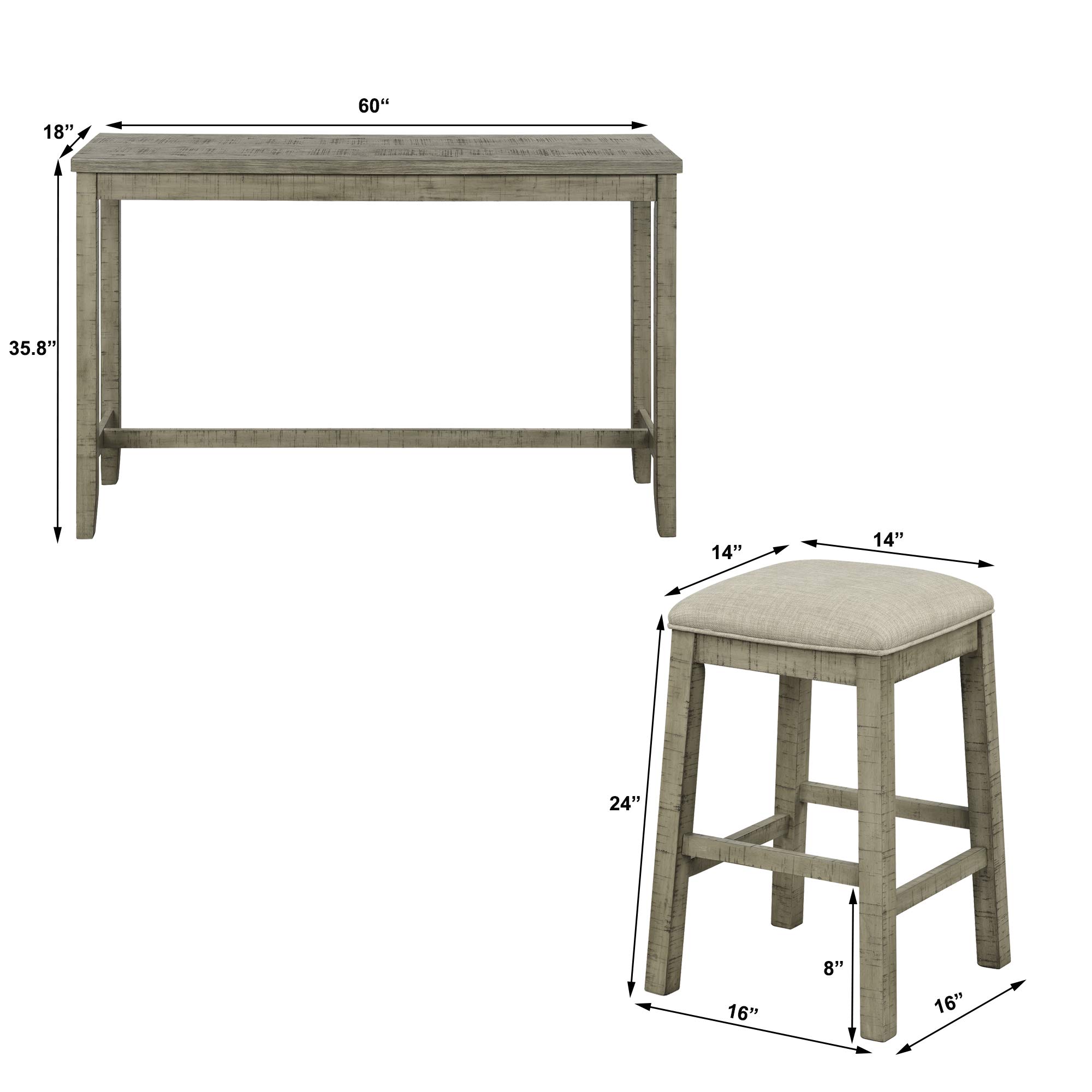 Merax 4-Piece Counter Height Bar Table Set with Socket and Fabric Padded Stools, Rustic Bar Dining Set, Gray Green