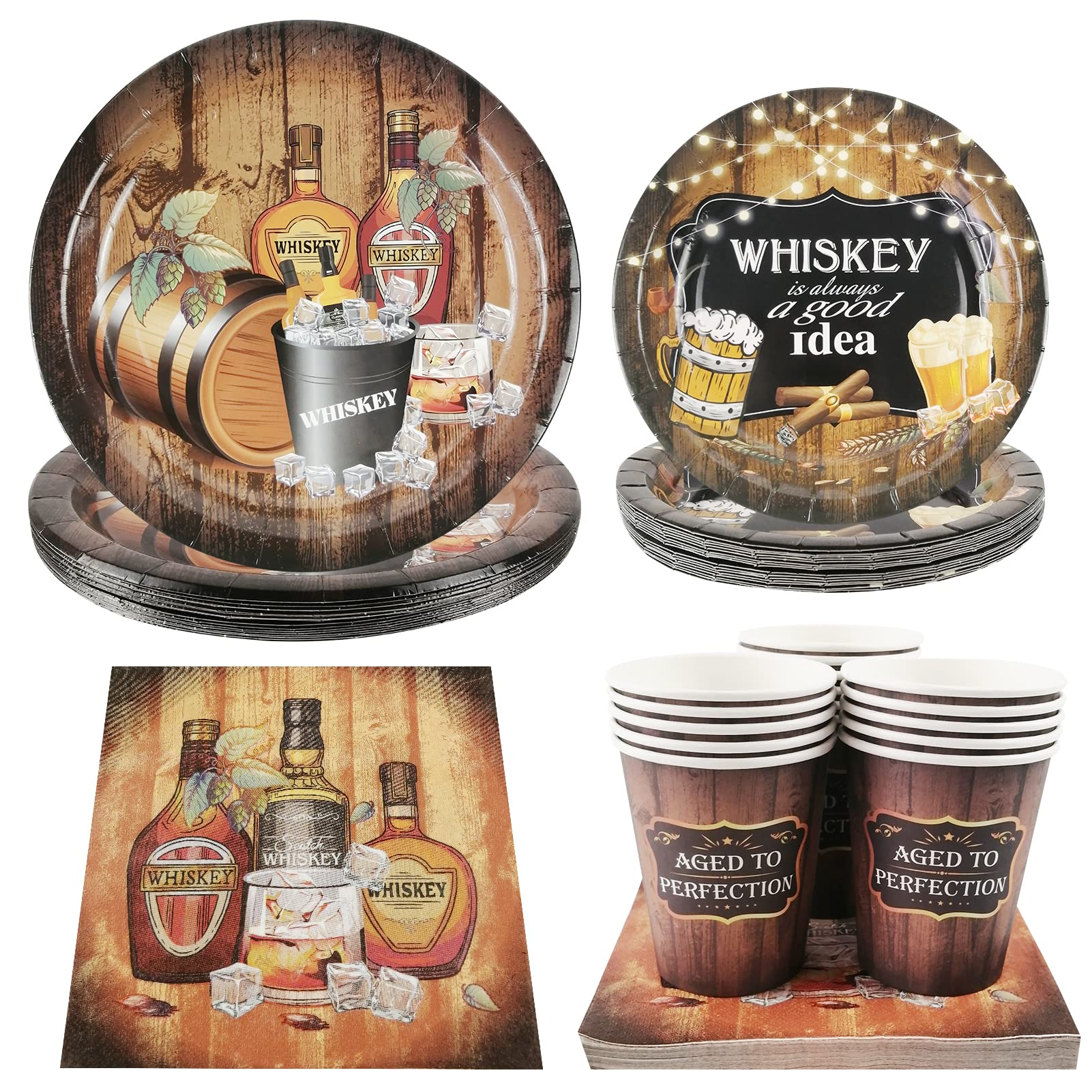 Cieovo Whiskey Party Supplies Set for 16 Guests Including Dinner Plates, Dessert Plates, Lunch Napkins, Cups for Whiskey and Beer Theme Birthday Family Party Decorations