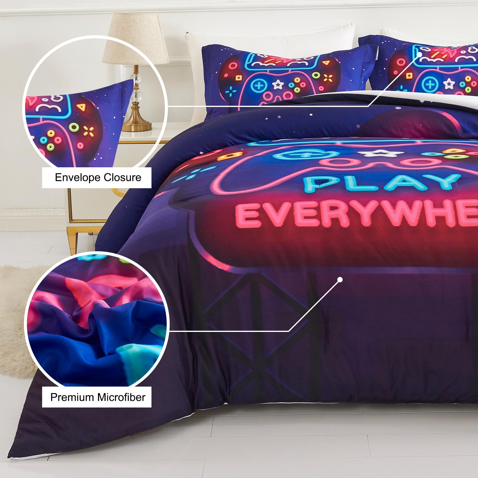 Koniroom Gaming Comforter Set Full/Queen Size, Gamer Bedding Sets for Kids Teen Boys with Play Everywhere Game Contoller Themed Printing, Reversible Comforter 3 Pieces with 2 Pillow Shams