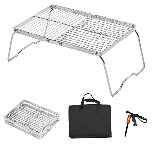PSKOOK Folding Campfire Grill, Portable Camping Grill Grate, 304 Stainless Steel Camp Fire Cooking Racks for Compact Storage, BBQ Grill for RV Camping, Hunting trip, Bushcraft, Picnics, Fishing