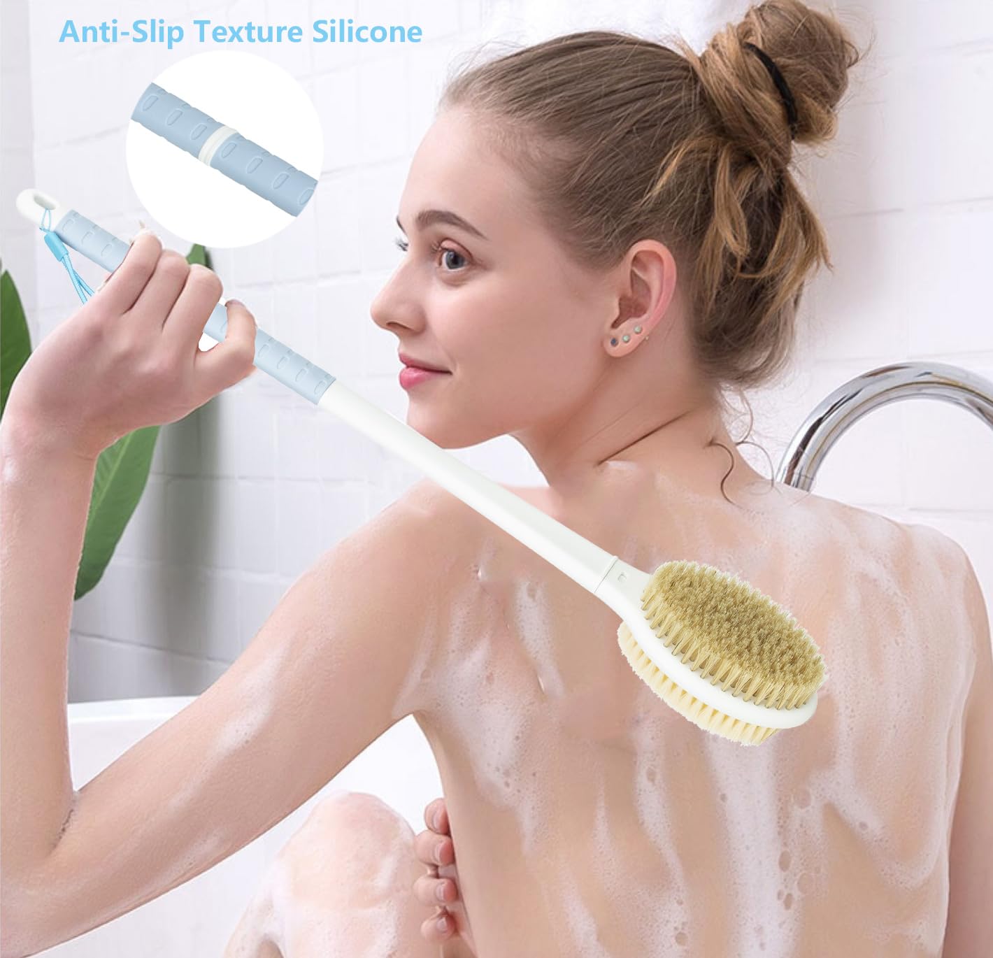 Arswin Shower Brush with Soft and Stiff Bristles,Back Scrubber 20.5" Extra Long Anti-Slip Handle Dual-Sided Bath Brush Body Exfoliator for Wet or Dry Brushing