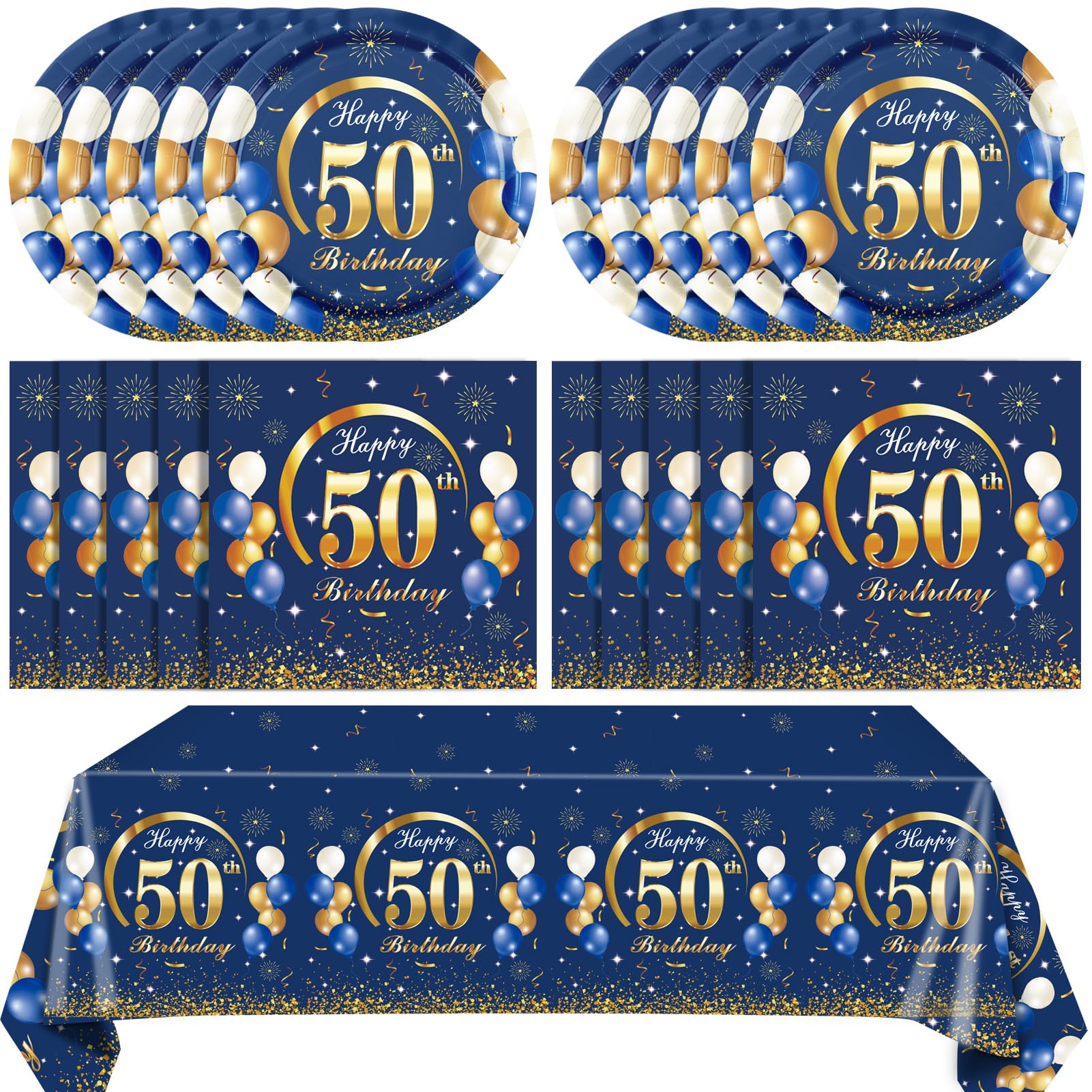 41PCS 50th birthday decorations men Navy Blue and Gold 50th Anniversary Decorations Disposable Tableware Include Plates Napkins Tablecloth Serve 20